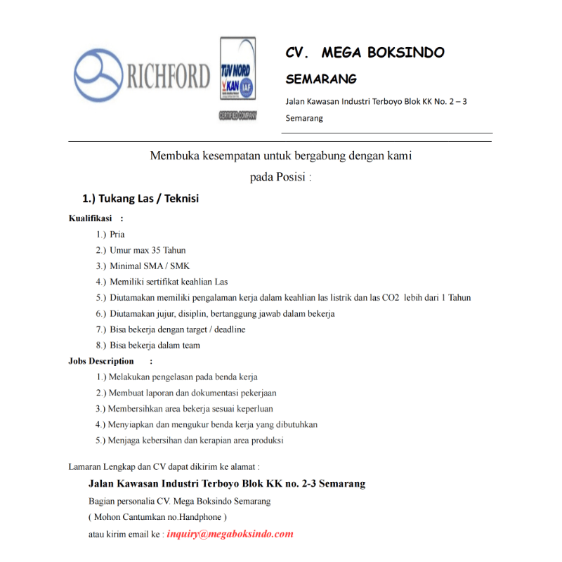 Lowongan Kerja Tukang Las / Teknisi - Teknisi Listrik di CV. Mega Boksindo - LokerSemar.id
