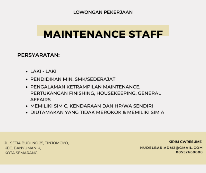 Lowongan Kerja Staff Maintenance di Nudelbar - LokerSemar.id
