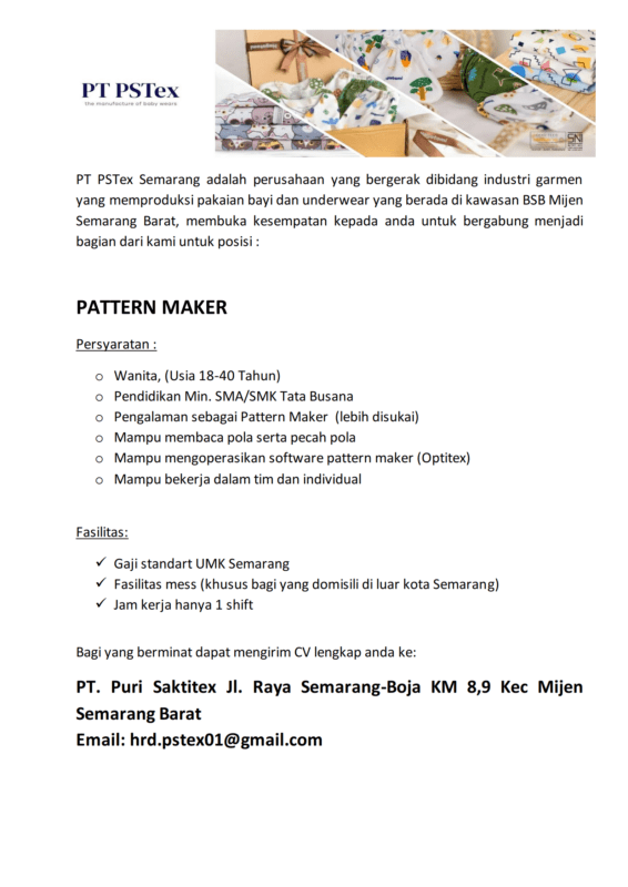 Lowongan Kerja Pattern Maker - Operator Jahit & QC di PT. PSTex ...