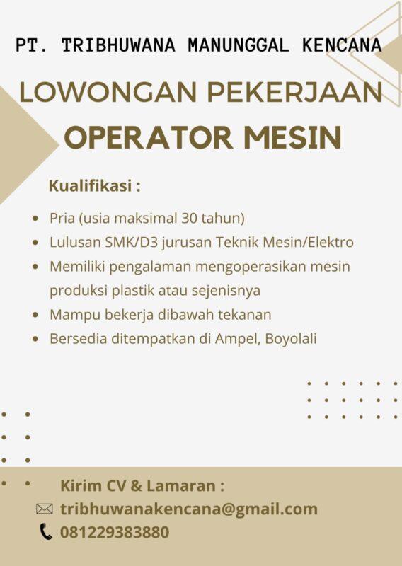 Lowongan Kerja Operator Mesin - Mekanik Mesin - Kepala Mekanik di PT ...