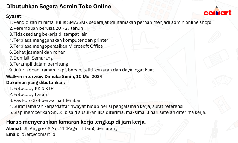 Lowongan Kerja Admin Online Shop di Comart - LokerSemar.id