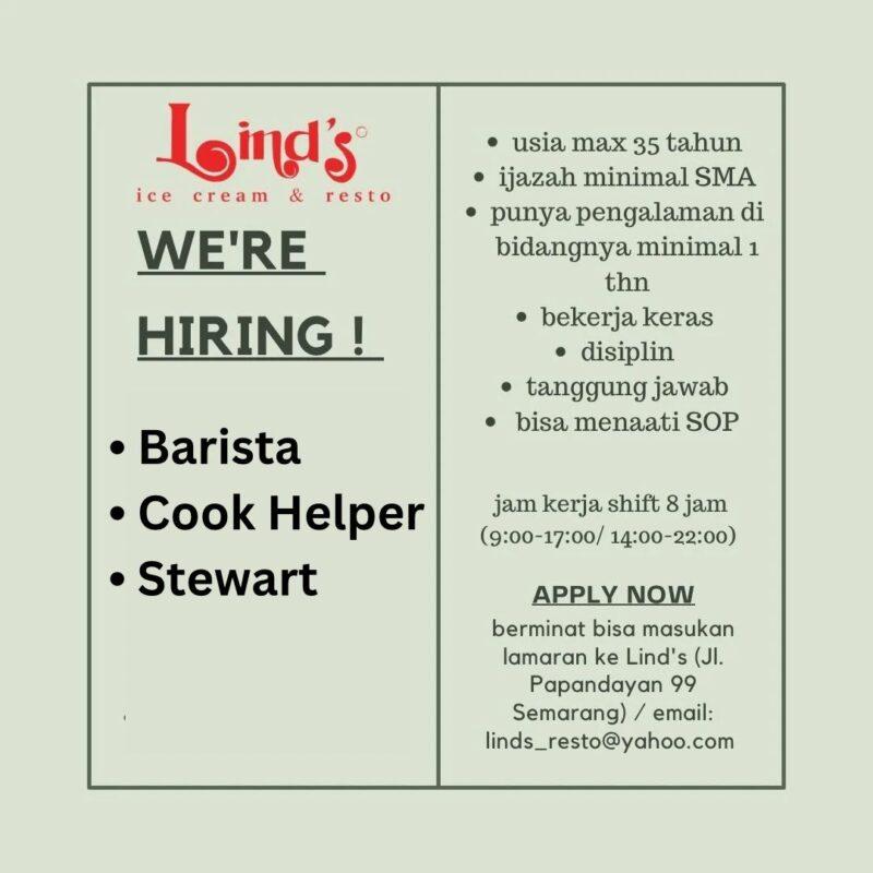 Lowongan Kerja Barista - Cook - Cook Helper - Stewart di Lind's Semarang - LokerSemar.id