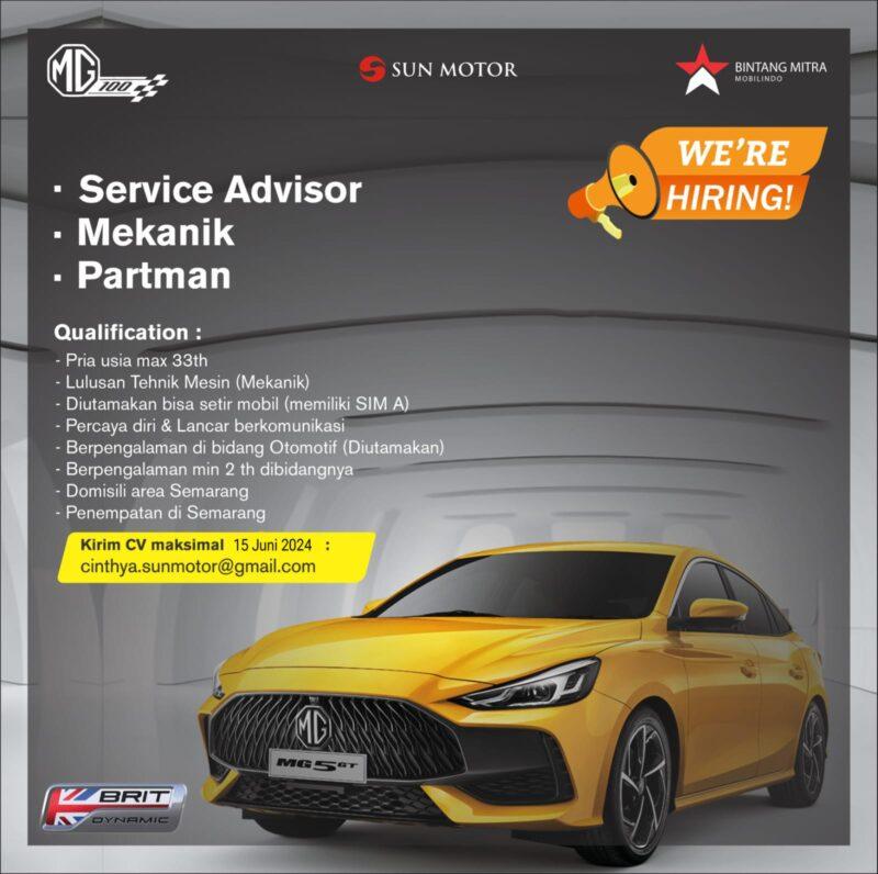 Lowongan Kerja Service Advisor - Mekanik - Partman di PT. Sun Motor Group (MG) - LokerSemar.id