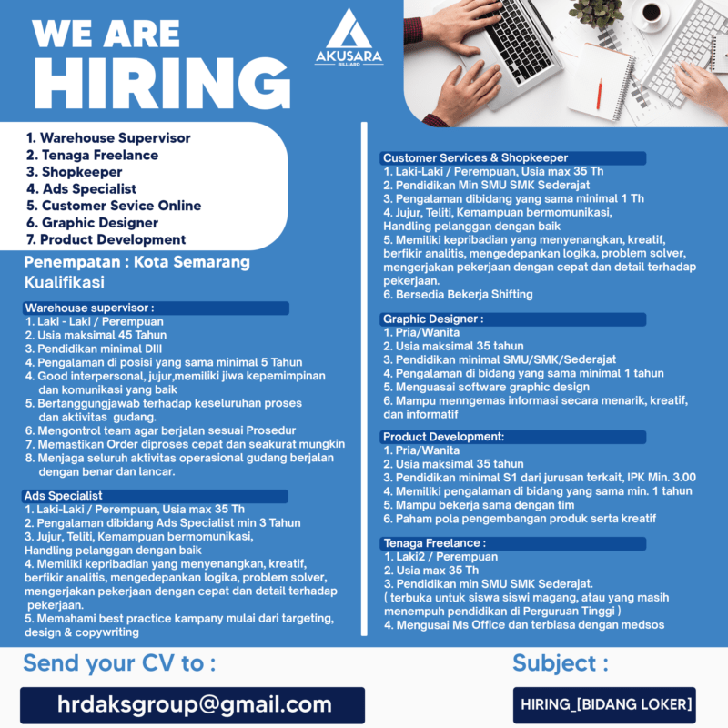 Lowongan Kerja Warehouse Supervisor - Tenaga Freelance - Shopkeeper - Ads Specialist - Customer ...