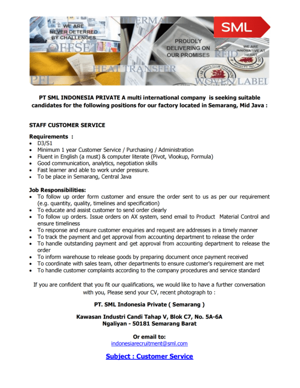 Lowongan Kerja Staff Customer Service - Purchasing & Exim Supervisor ...