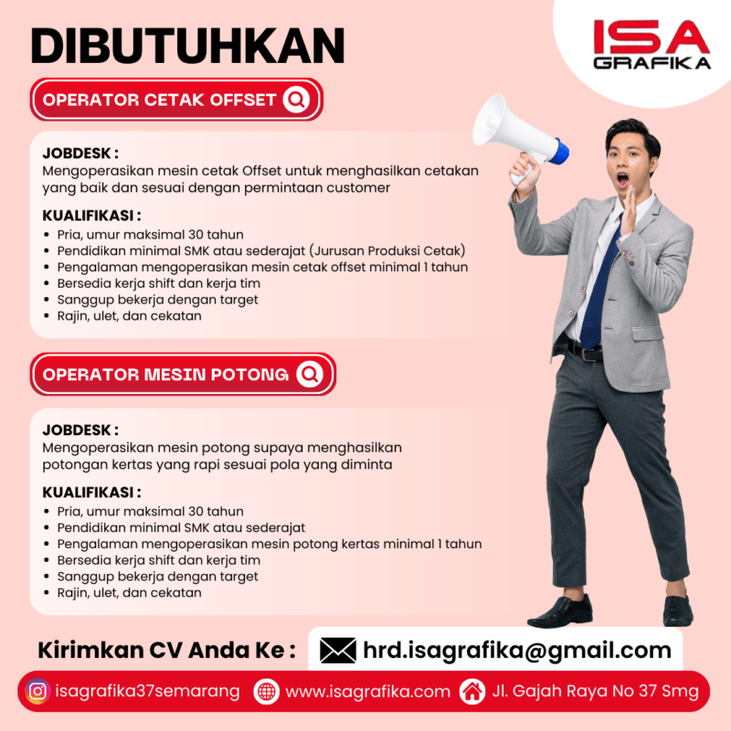 Lowongan Kerja Operator Cetak Offset - Operator Mesin Potong di CV. Isa ...