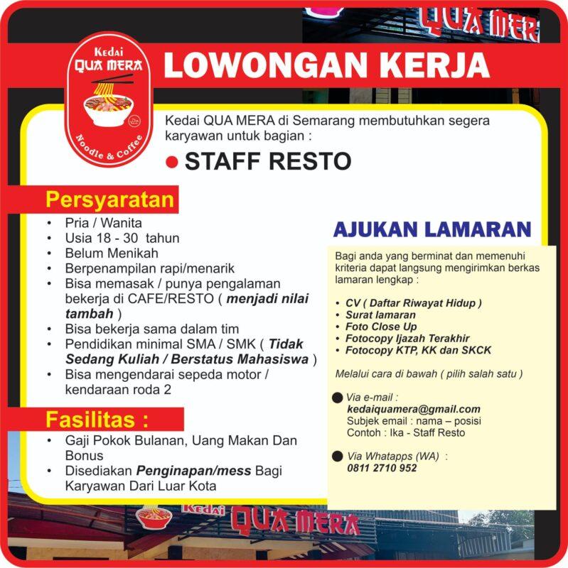 Lowongan Kerja Staff Resto di Kedai QUAMERA - LokerSemar.id