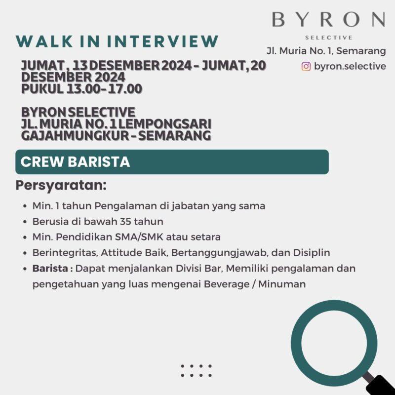Lowongan Kerja Crew Barista di Byron Selective Semarang - LokerSemar.id