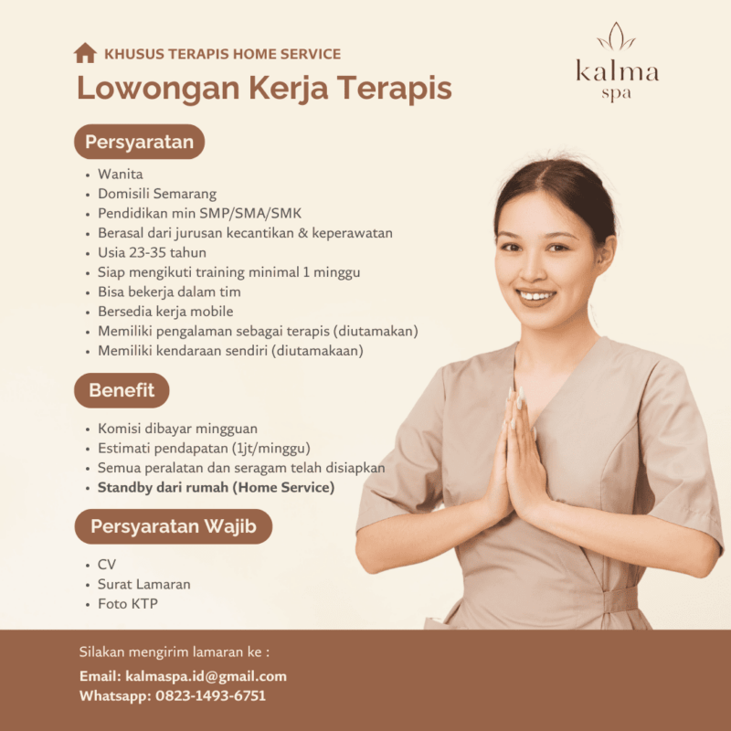 Lowongan Kerja Terapis Home Service Spa di Kalma Spa - LokerSemar.id