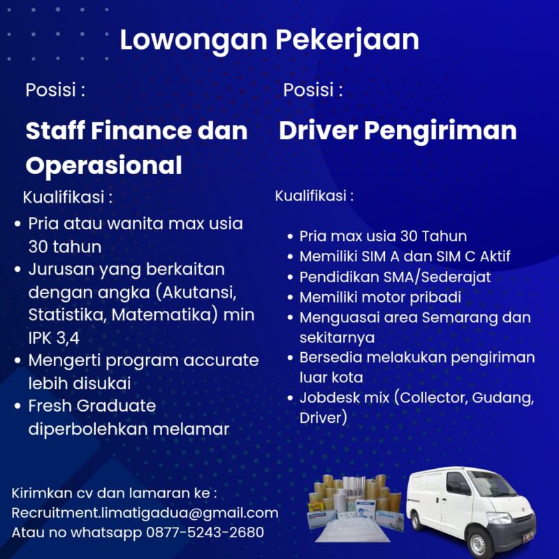 Lowongan Kerja Staff Finance dan Operasional - Driver Pengiriman di PT ...