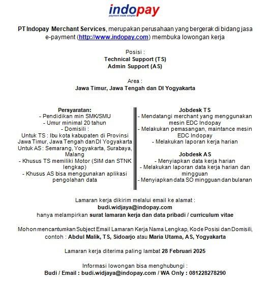 Lowongan Kerja Tecnical Support - Admin Support di PT. Indopay Merchant ...