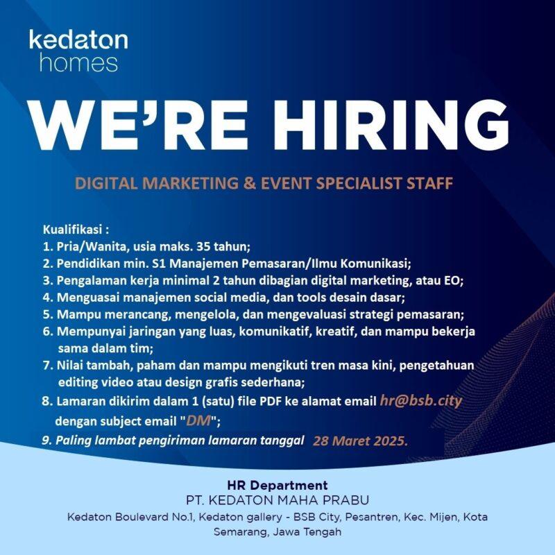 Lowongan Kerja Digital Marketing & Event Specialist Staff di PT. Kedaton Maha Prabu - LokerSemar.id