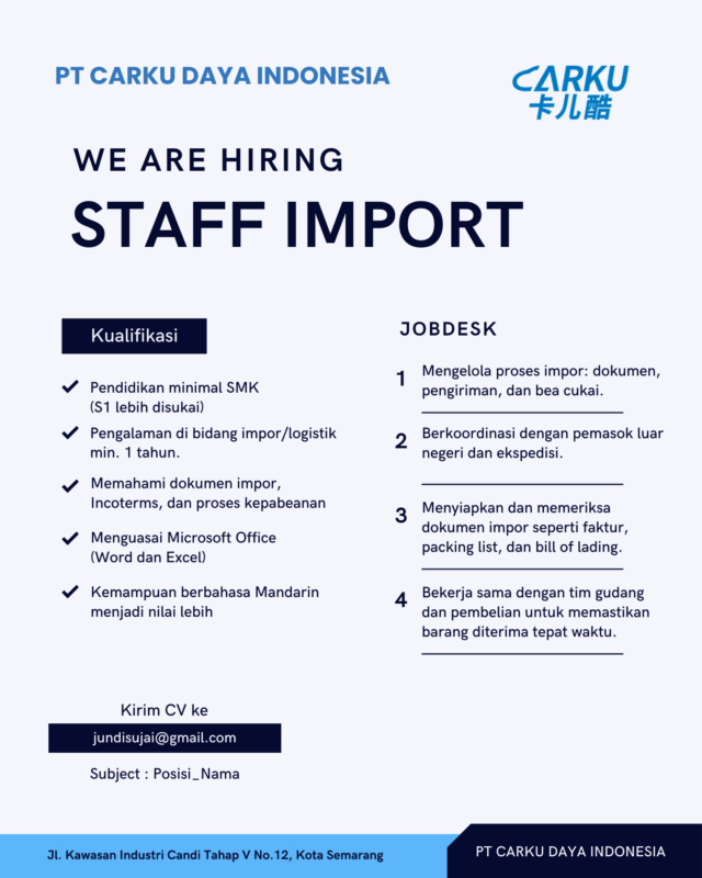 Lowongan Kerja Staff Import di PT. Carku Daya Indonesia - LokerSemar.id