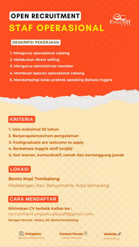 Lowongan Kerja Staff Operasional di English Cafe - LokerSemar.id