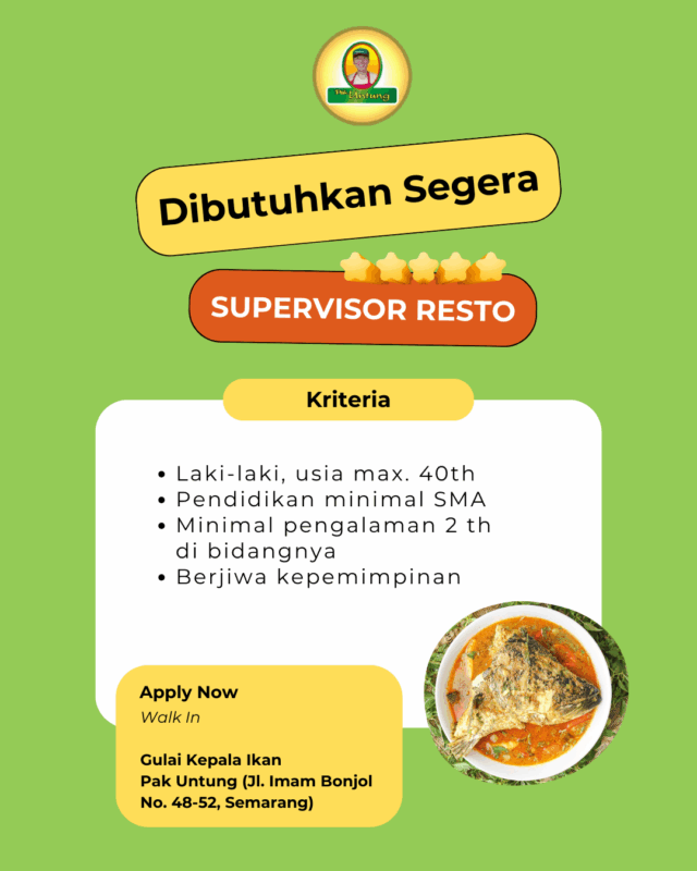 Lowongan Kerja Supervisor Resto di Restoran Gulai Kepala Ikan Pak ...