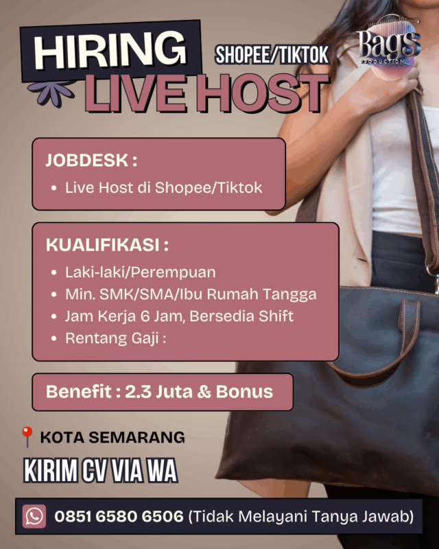 Lowongan Kerja Live Host Shopee/Tiktok di Bags Production - LokerSemar.id