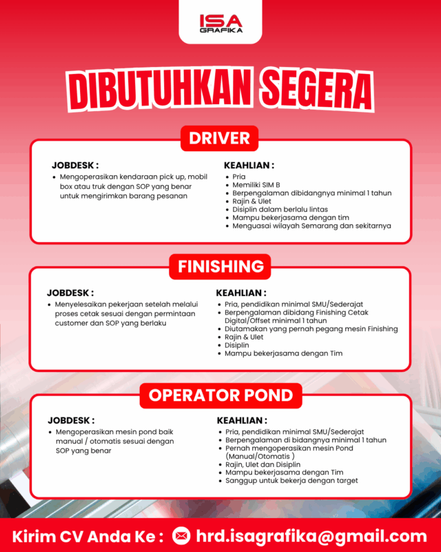 Lowongan Kerja Driver - Finishing - Operator Pond di CV Isa Grafika - LokerSemar.id