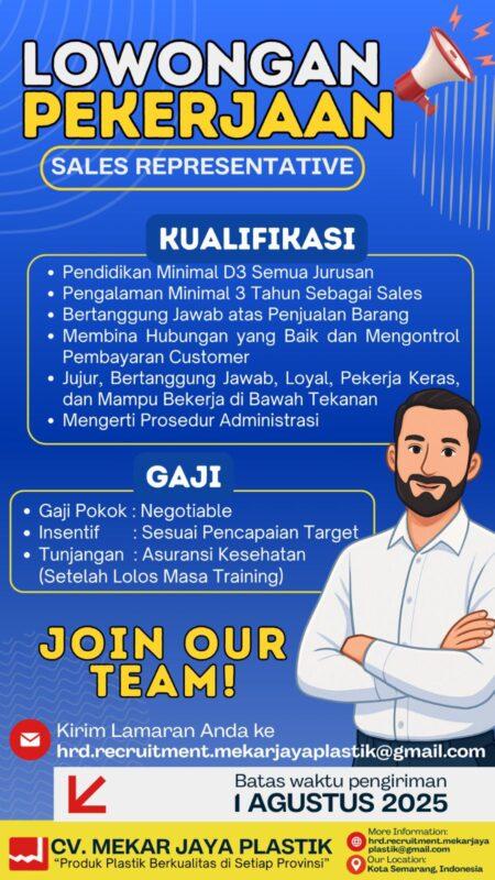 Lowongan Kerja Sales Representative di CV Mekar Jaya Plastik - LokerSemar.id
