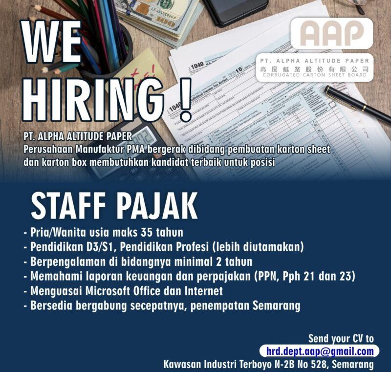 Lowongan Kerja Staff Pajak di PT. Alpha Altitude Paper - LokerSemar.id