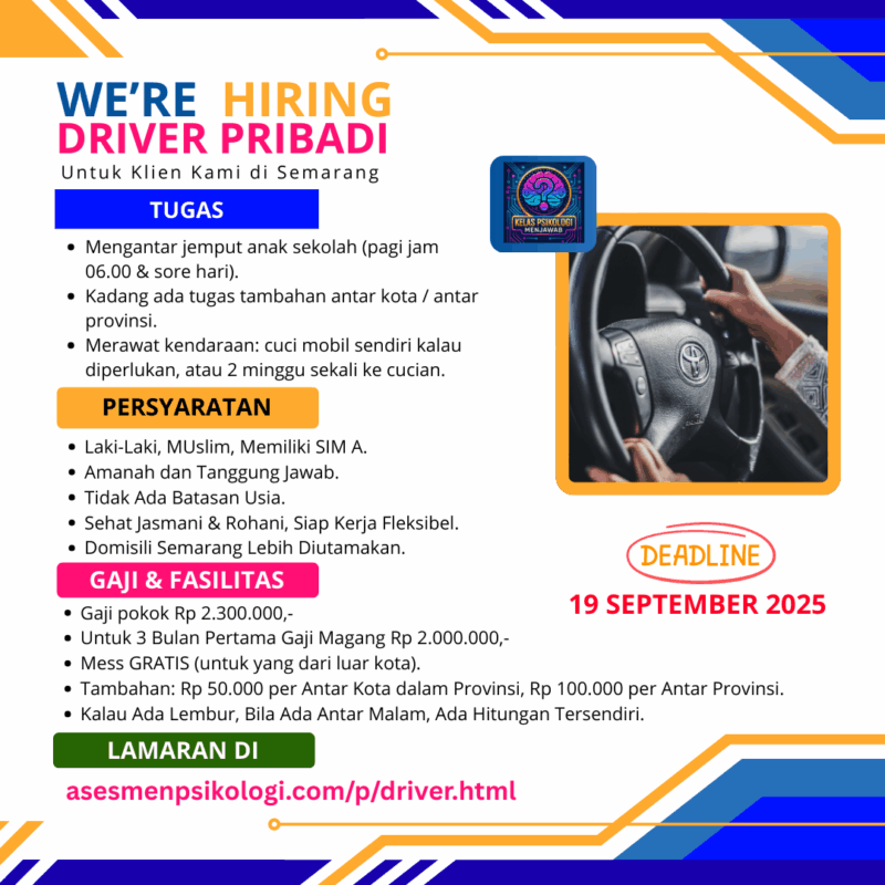 Lowongan Kerja Driver Pribadi di CV. Psikologi Menjawab - LokerSemar.id