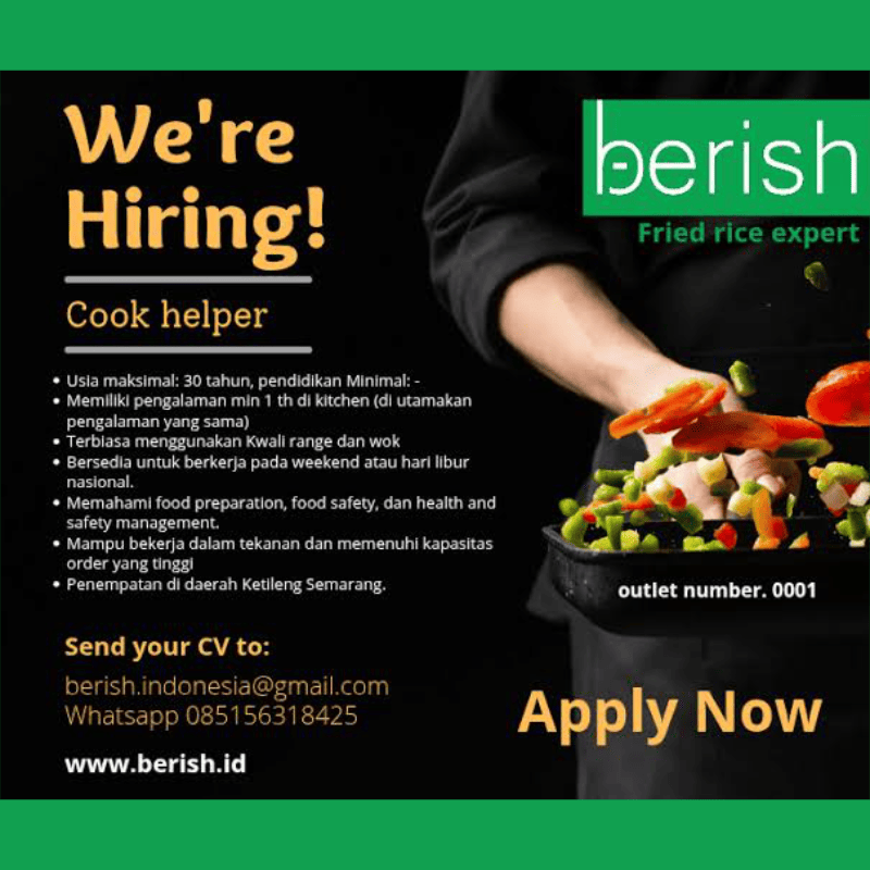 Lowongan Kerja Cook Helper di Berish Indonesia - LokerSemar.id