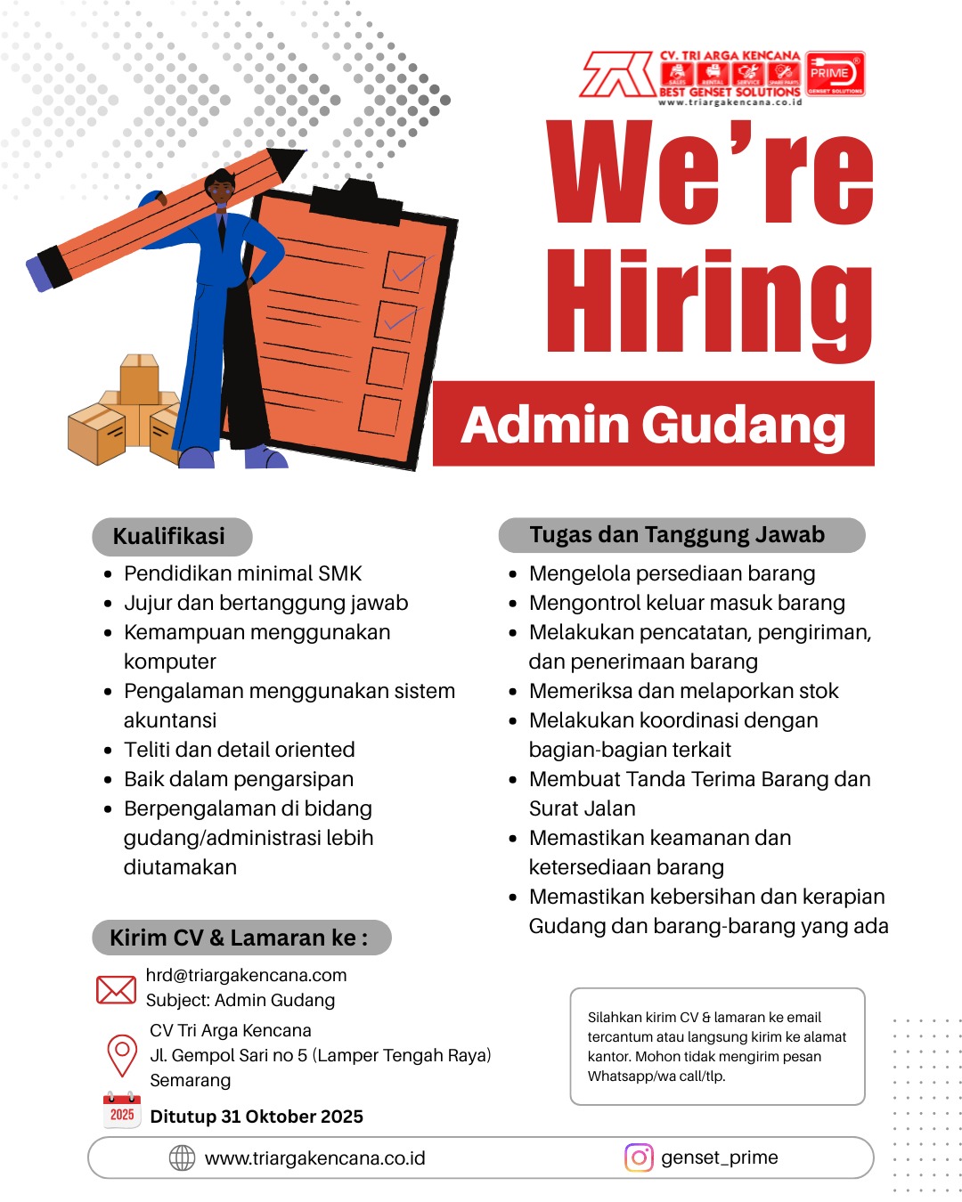 Lowongan Kerja Admin Gudang - Marketing (Sales) di CV. Tri Arga Kencana ...