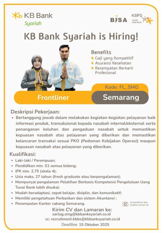 Lowongan Kerja Frontliner di KB Bank Syariah Cabang Semarang - LokerSemar.id