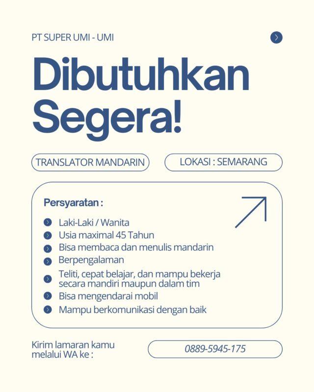 Lowongan Kerja Translator Mandarin - Sales Motoris di PT. Super Umi Umi ...