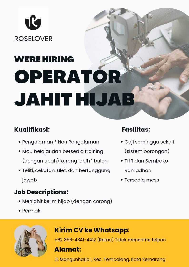 Lowongan Kerja Operator Jahit Hijab di Roselover - LokerSemar.id