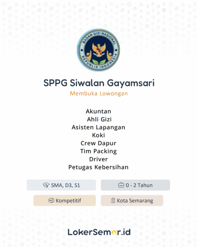 Lowongan Kerja Akuntan - Ahli Gizi - Asisten Lapangan - Koki - Crew Dapur - Tim Packing - Driver ...