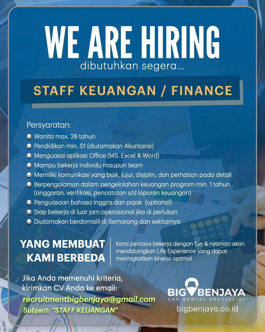 Lowongan Kerja Staff Keuangan/ Finance di Big Benjaya Rent Car ...