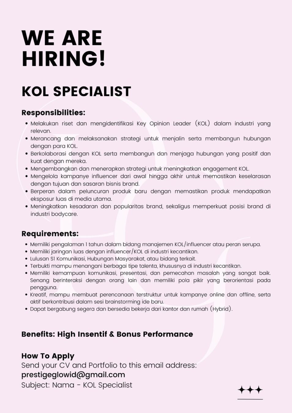 Lowongan Kerja KOL Specialist di CV. Prestige Glow Indonesia - LokerSemar.id