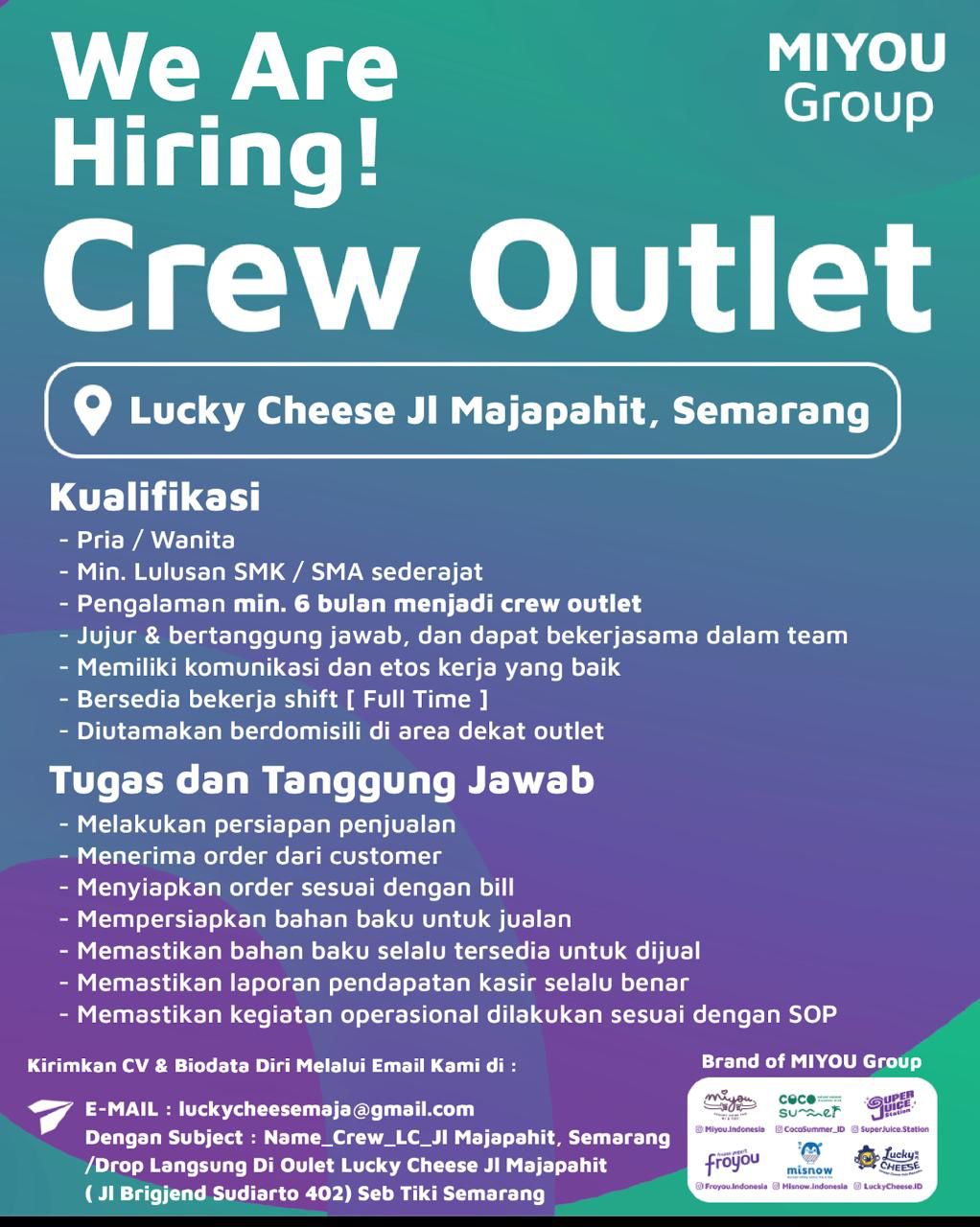 Lowongan Kerja Crew Outlet di Lucky Cheese Majapahit - LokerSemar.id