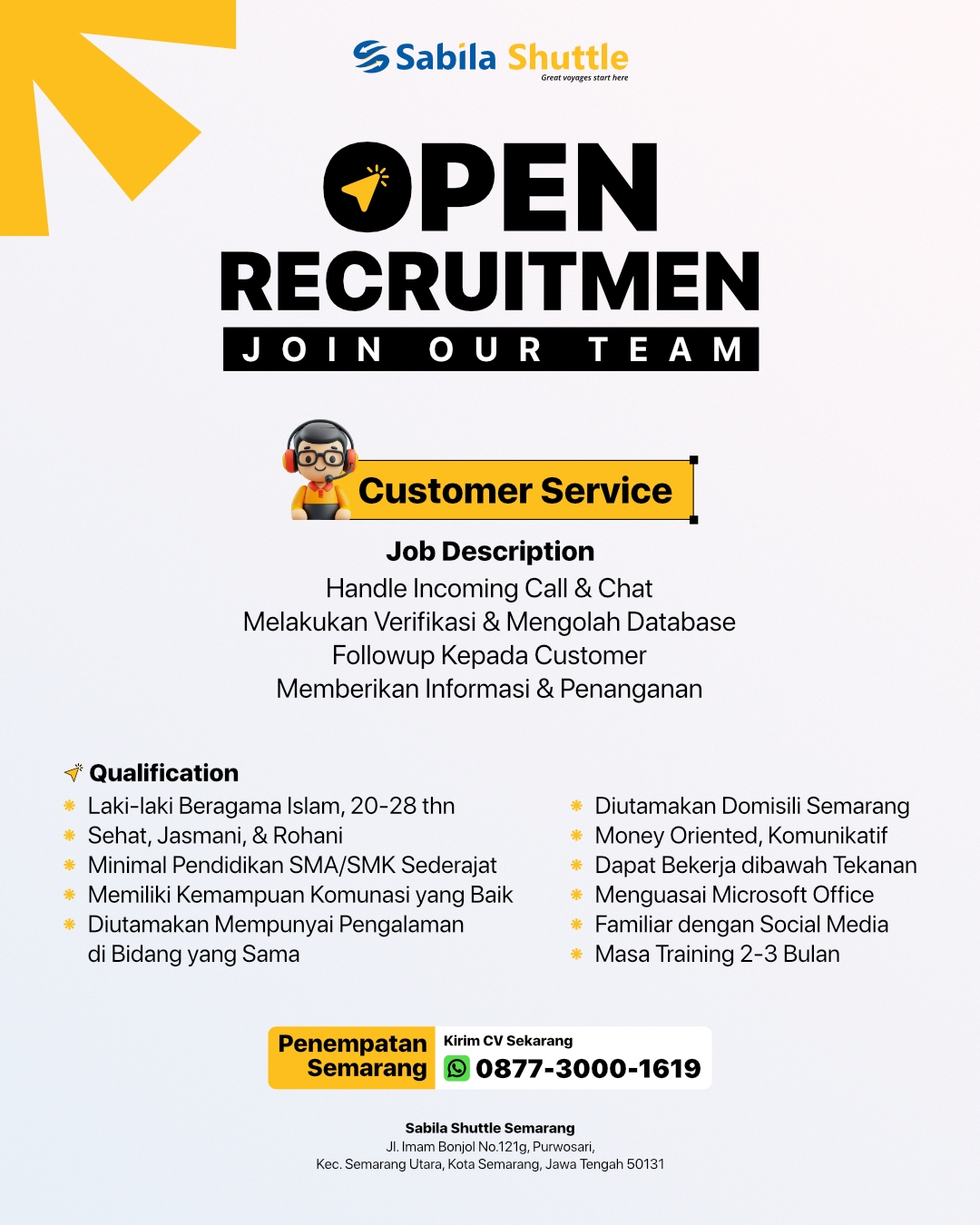 Lowongan Kerja Customer Service di Sabila Shuttle - LokerSemar.id