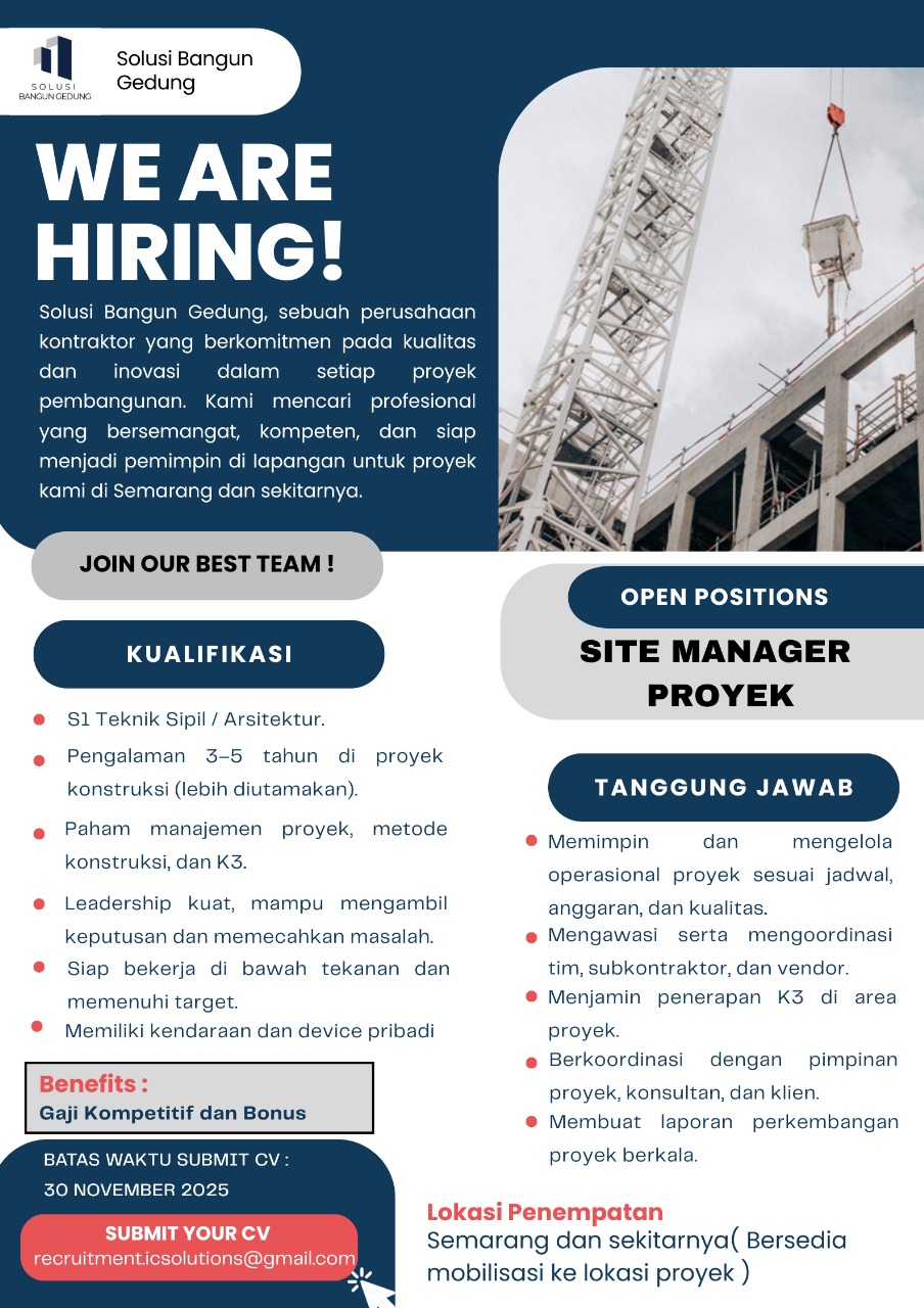 Lowongan Kerja Site Manager Proyek di Solusi Bangun Gedung - LokerSemar.id