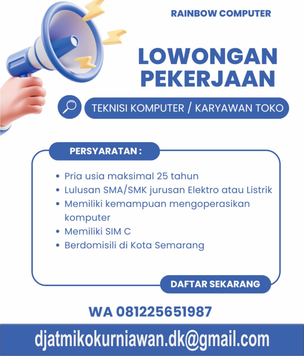 Lowongan Kerja Teknisi Komputer/ Karyawan Toko di Toko Rainbow Computer - LokerSemar.id