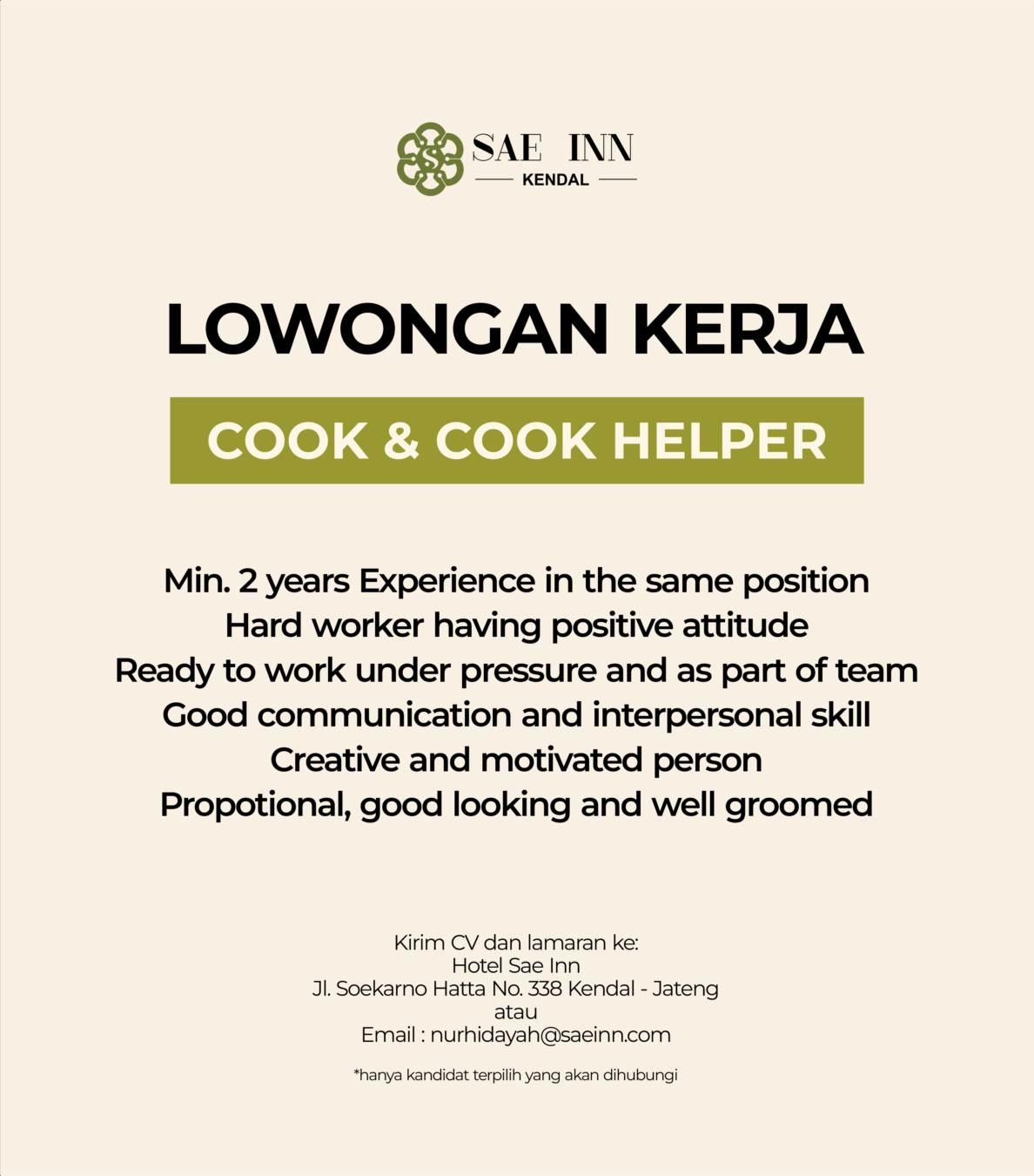 Lowongan Kerja Cook & Cook Helper di Hotel Sae Inn Kendal - LokerSemar.id