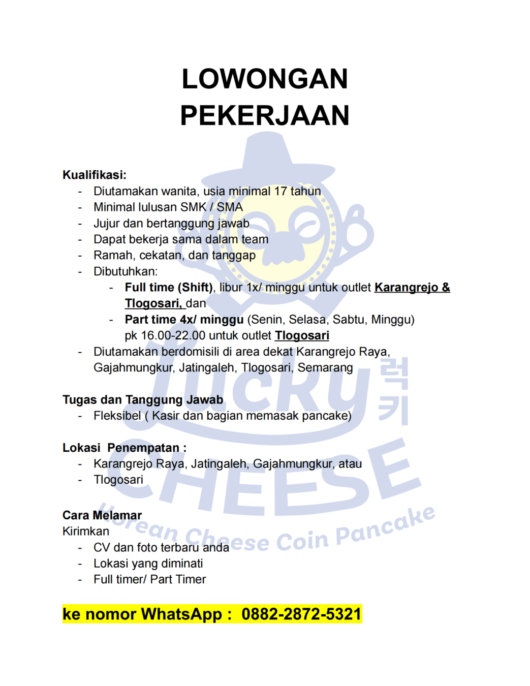 Lowongan Kerja Admin + Staff Masak di Lucky Cheese Tlogosari dan ...