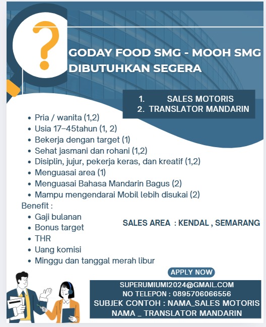 Lowongan Kerja Sales Motoris - Translator Mandarin di PT. Go-Day Food ...