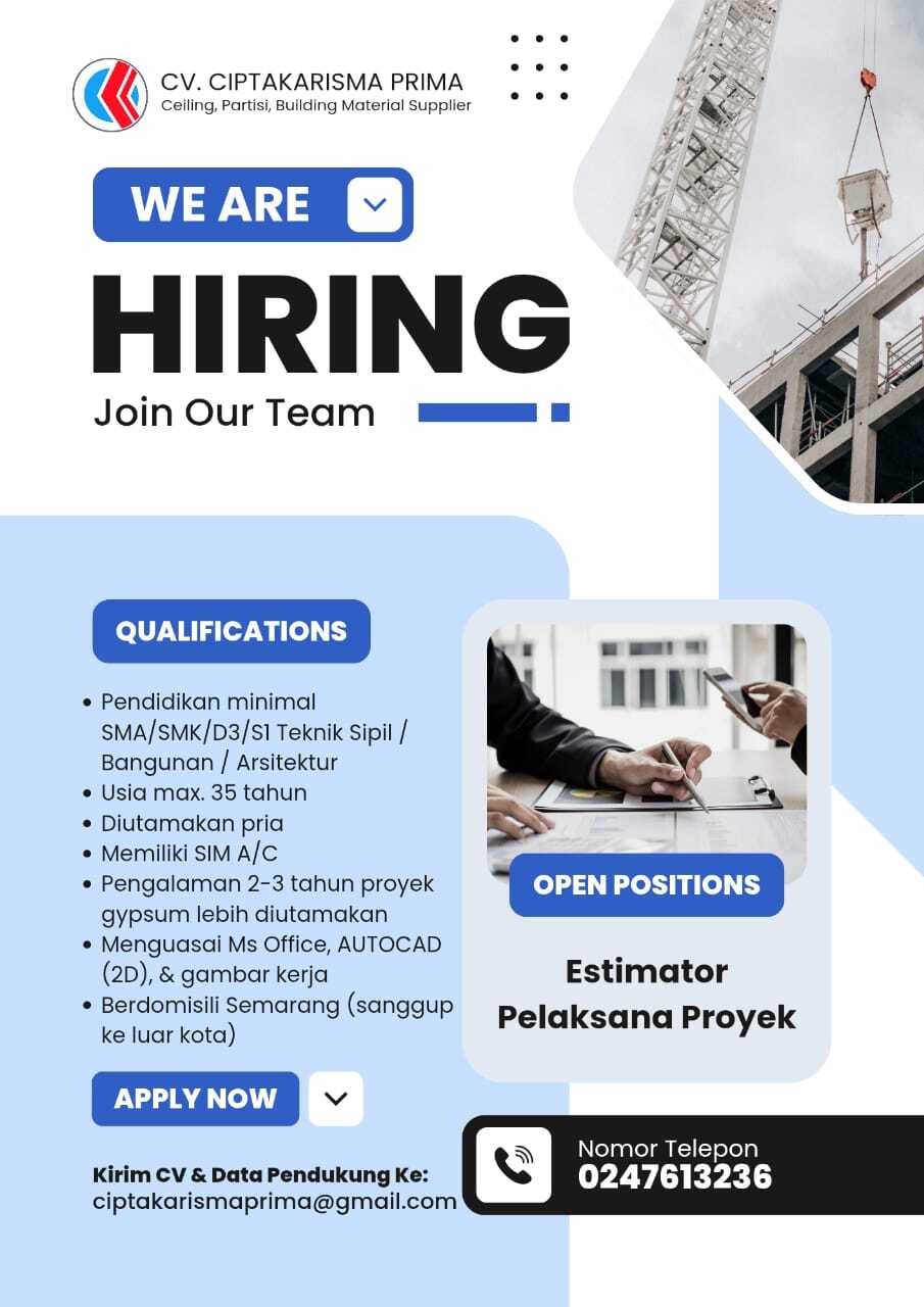 Lowongan Kerja Estimator - Pelaksana Proyek di CV. Ciptakarisma Prima ...
