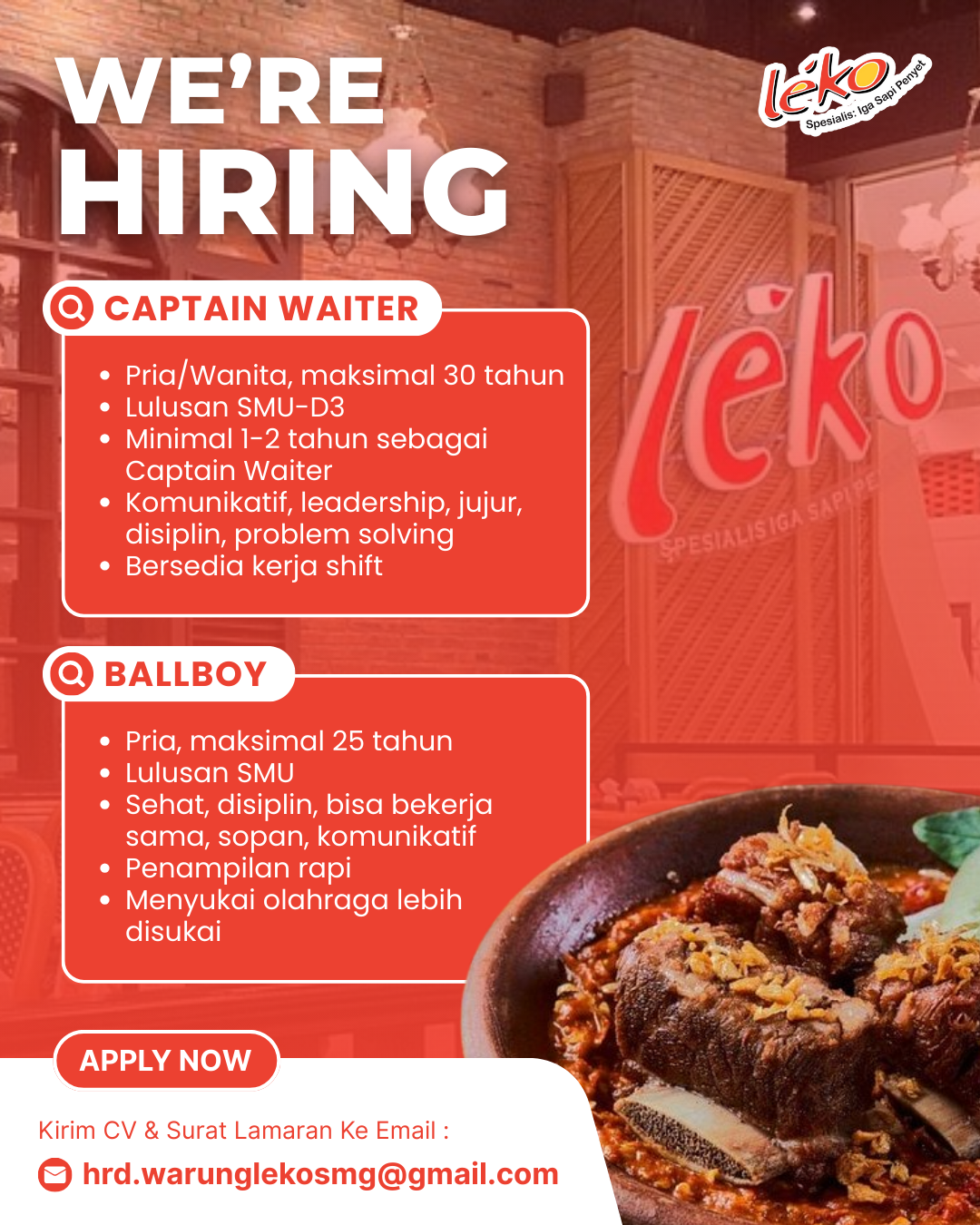 Lowongan Kerja Captain Waiter - Ballboy di CV. Mitra Kuliner Abadi ...