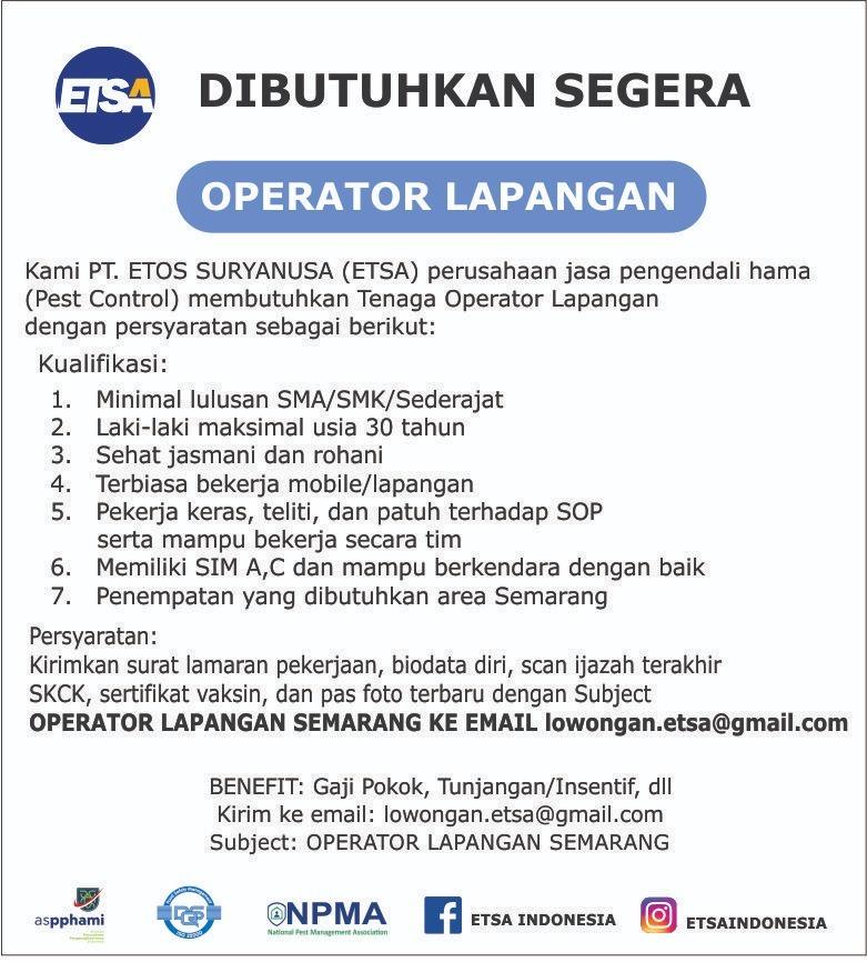 Lowongan Kerja Operator Lapangan di PT. Etos Suryanusa - LokerSemar.id