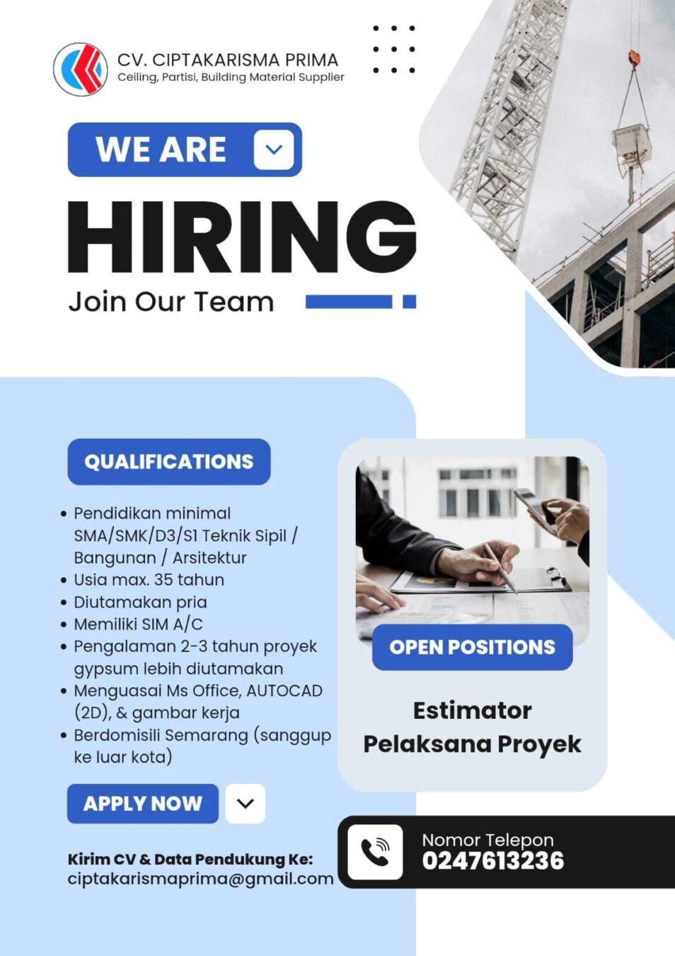 Lowongan Kerja Estimator - Pelaksana Proyek di CV. Ciptakarisma Prima ...