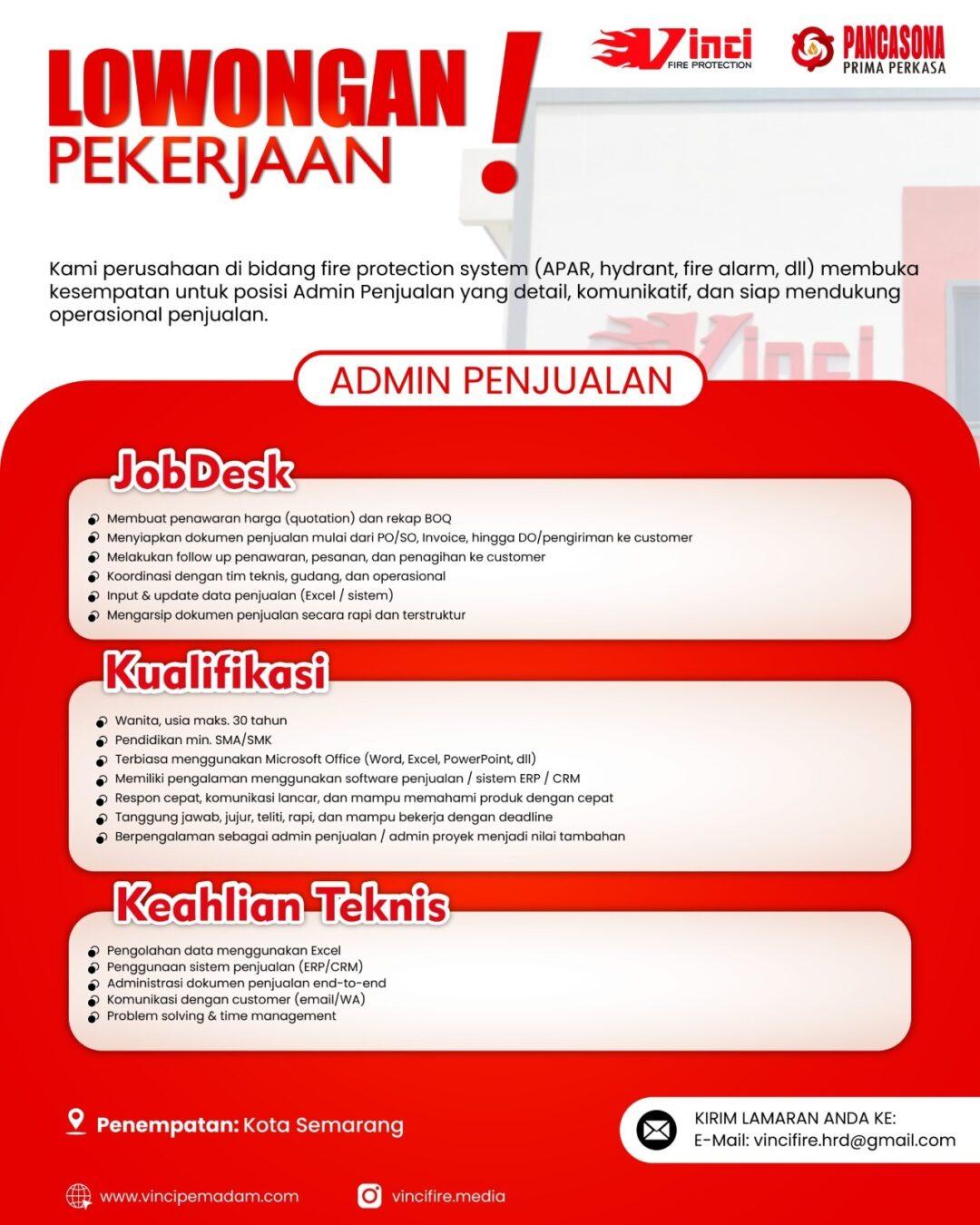 Lowongan Kerja Admin Penjualan di PT. Pancasona Prima Perkasa (Vinci ...